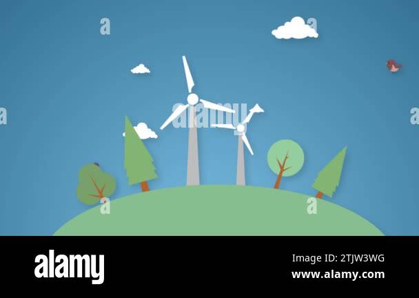 Wind generators in action, cartoon animation. Save the planet. Clean ...