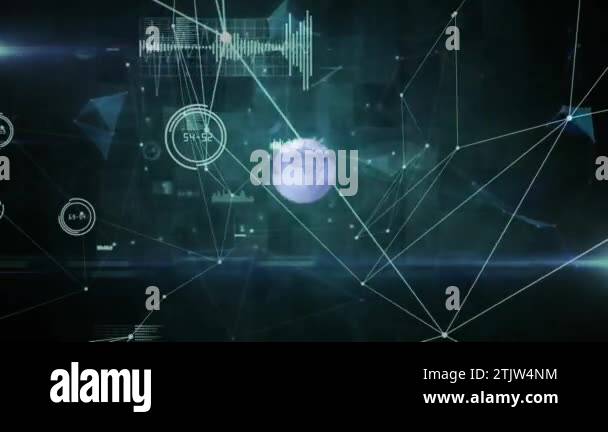 Animation of globes over connected dots and graph icons and lens flares over abstract background ...