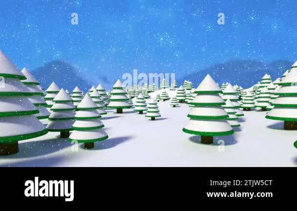 The animation shows snow falling over fir trees in a winter landscape ...
