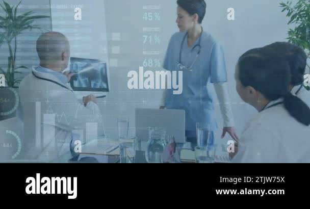 Animation of infographic interface, graphs over diverse doctors ...