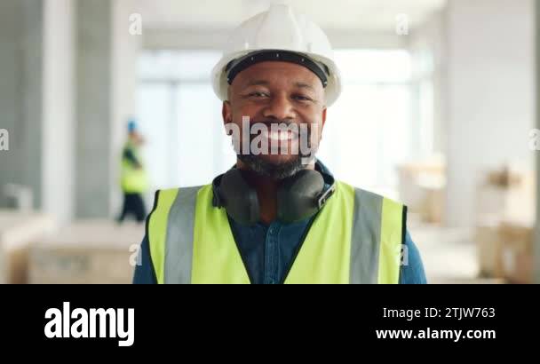 Portrait, smile and construction worker working, building and doing engineering on home. Face of ...