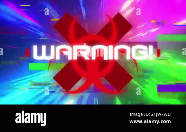 Animation of warning text on hazard symbol on x against multicolored glitch technique in ...