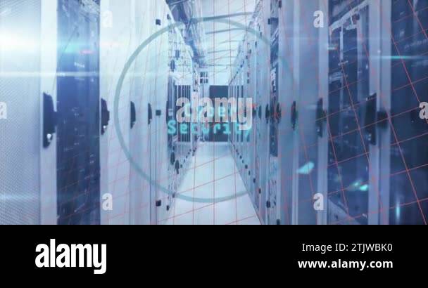 Animation of scope scanning and scope scanning over tech room with computer servers. Global ...