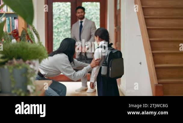 Children, goodbye and parents with a girl leaving her home, back to ...
