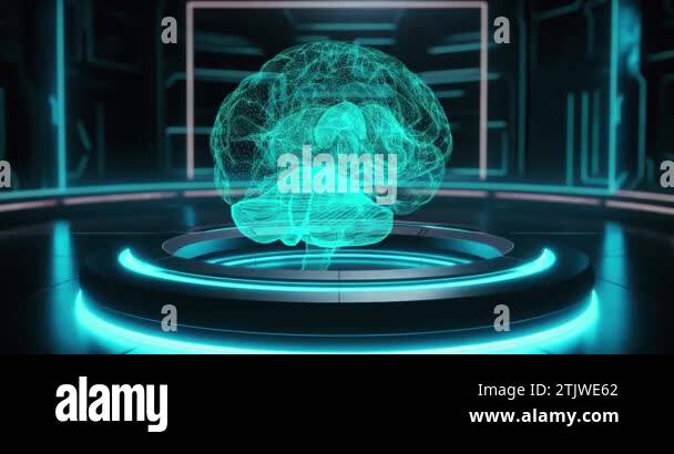 Human brain glitching 3D projection. Wireframe brain, glowing plexus ...