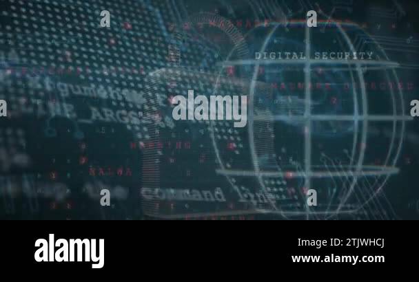 Animation of globe, world map, data processing and digital padlock. Digital security, computers ...