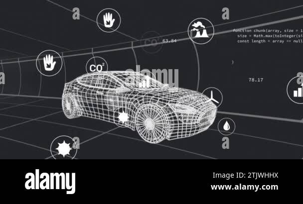 Animation of multiple digital icons over 3d car model moving in ...