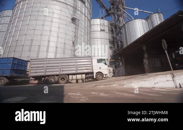 Grain lorry arrives to a grain elevator terminal. Dump truck drives to unloader. Wheat in cargo ...