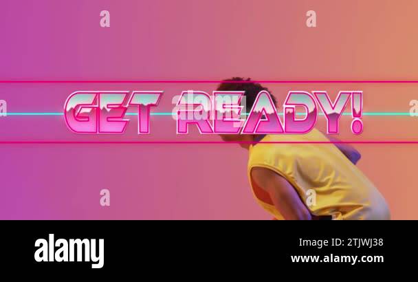 Animation of get ready text over neon pattern and biracial basketball ...