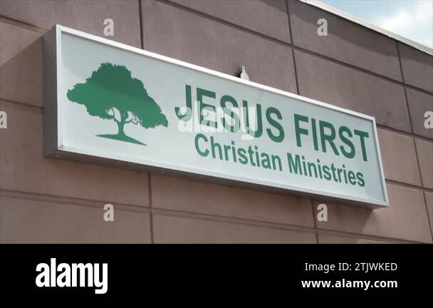 jesus first christian ministries rectangle sign in green writing on ...