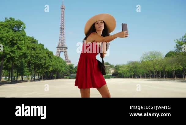 Beautiful Millennial Girl Taking A Selfie In Paris Happy And