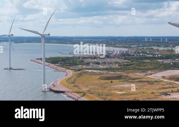 Aerial view of the wind turbines. Green ecological power energy ...
