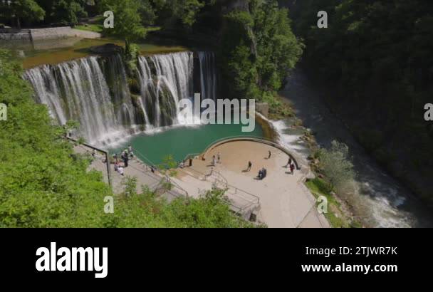 JAJCE, BOSNIA AND HERZEGOVINA - June 2, 2023: Tourists on the plateau ...