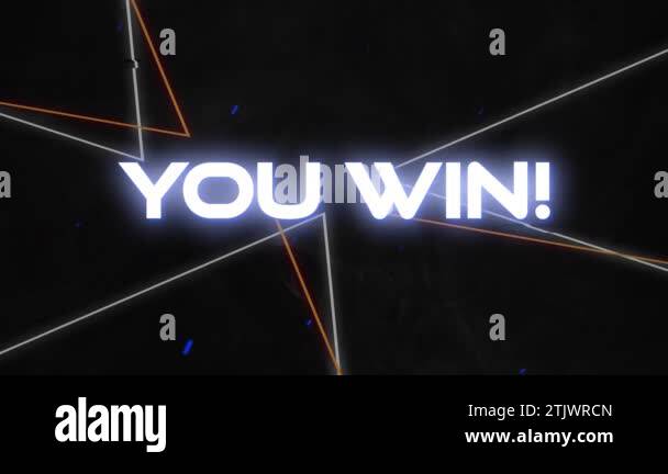 Animation of you win text in white over blue sparks and orange and ...