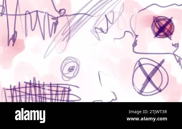 Red watercolor stains and doodle lines with a marker on a white screen ...