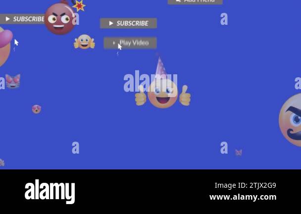 Animation of multiple text in bars and multiple emojis against blue ...