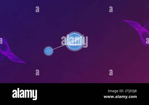 Animation of network of digital icons over purple digital waves against ...