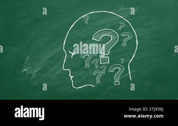 Human head with question marks inside. Animated illustration on green ...