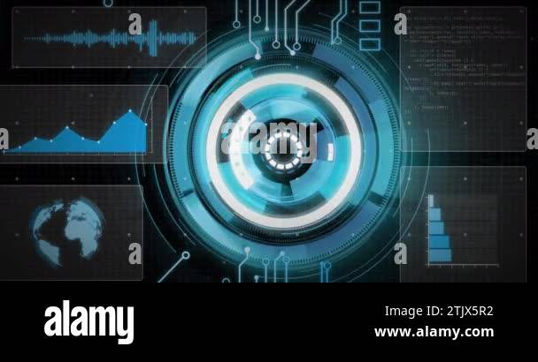 Animation of motherboard and circular scanner processing data on ...