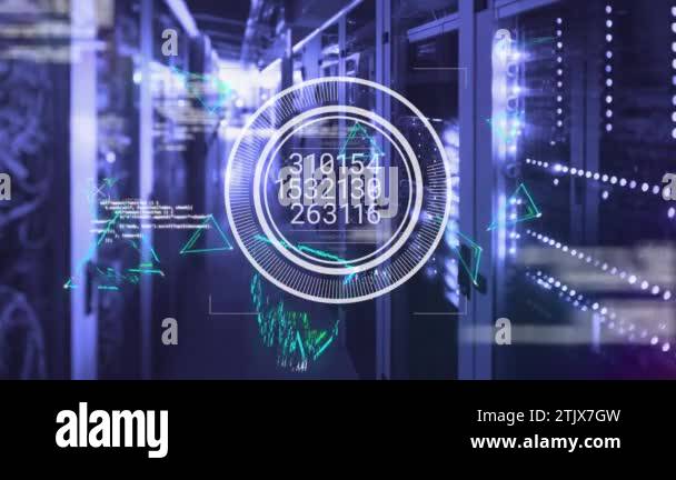 Animation of changing numbers on round scanner, plexus networks against computer server room ...