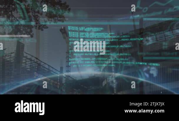 Animation of programming language, abstract patterns over globe against under construction ...