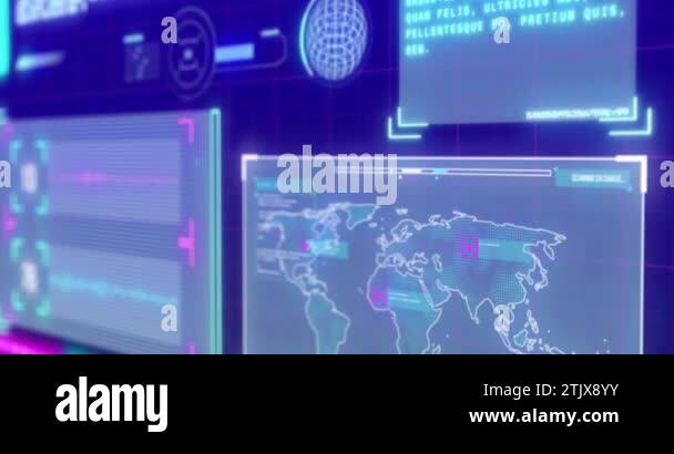 Animation of globe, map, loading bars, soundwaves over grid pattern against blue background ...