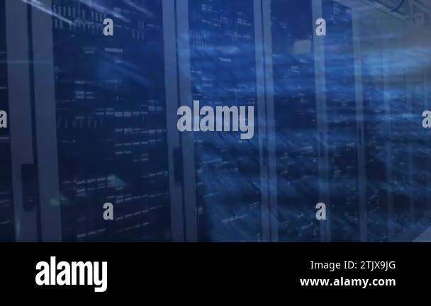 Animation of computer language over bars against server room in background. Digital composite ...