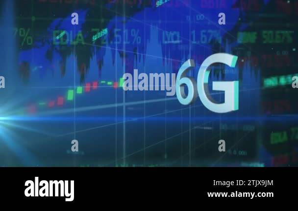 Animation of 6g text over multiple graphs, map and trading board against black background ...