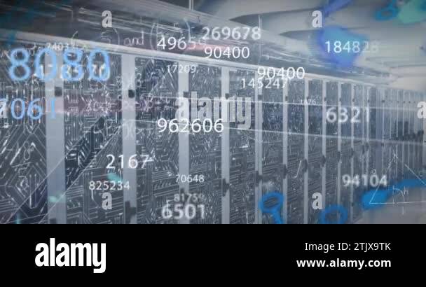 Animation of changing numbers, mathematical diagrams over server room in background. Digital ...