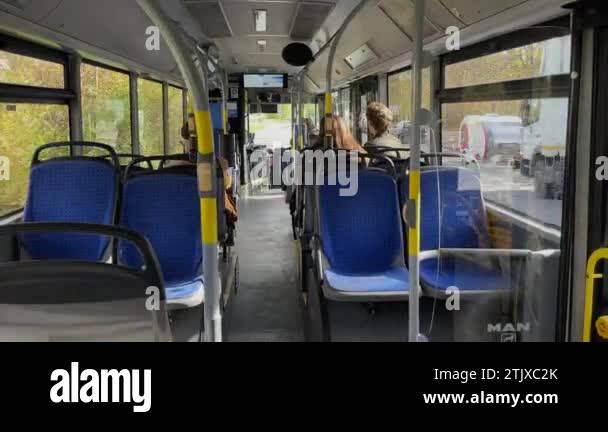 November 8, 2022. Germany. Munich. City bus on route, filmed inside the ...