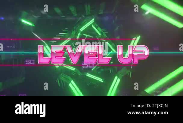 Animation of level up text over 5g and neon lines background. Video game, digital interface ...
