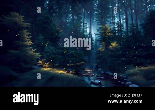 Mysterious spooky forest thicket with magic supernatural firefly lights ...