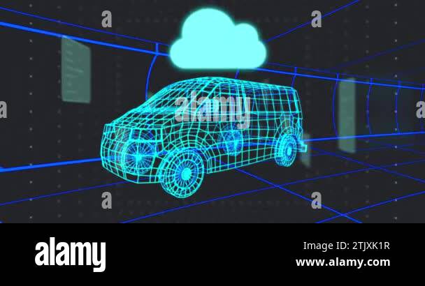 Animation of multiple digital icons over 3d van model moving in ...