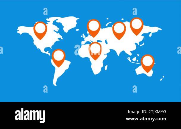 World map pin animation. World map with geolocation markers motion ...
