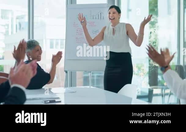 Applause, presentation and woman success, leader and positive financial ...