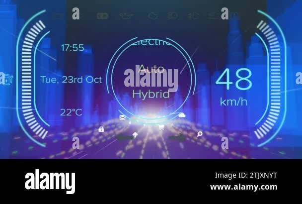 Animation of car dashboard interface and digital icons over light ...