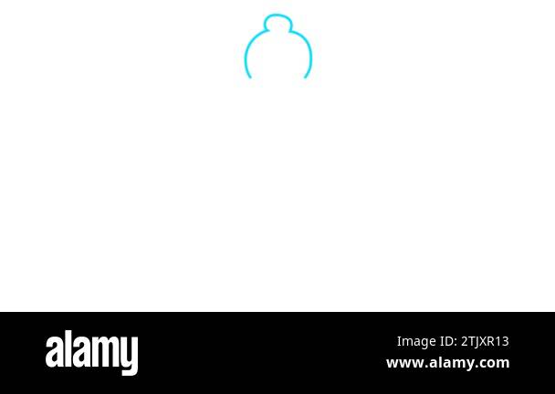 Animated girl is doing yoga sitting in lotus position. Linear blue icon ...