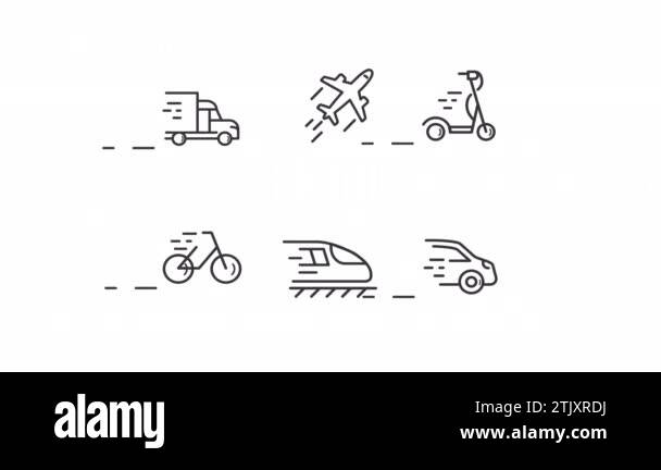 Animated transport linear icons set. Commuting. Public and personal ...