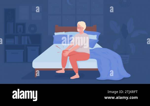 Animated night pains illustration. Young man with knee cramps. Bone ...