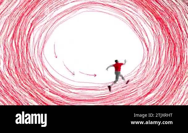 Man endlessly running in drawn circle. Hopeless situation. Hidden fears ...