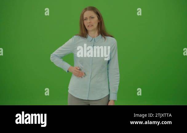 Green Screen. Chroma Key. Unhealthy Woman in Blue Shirt Feeling ...