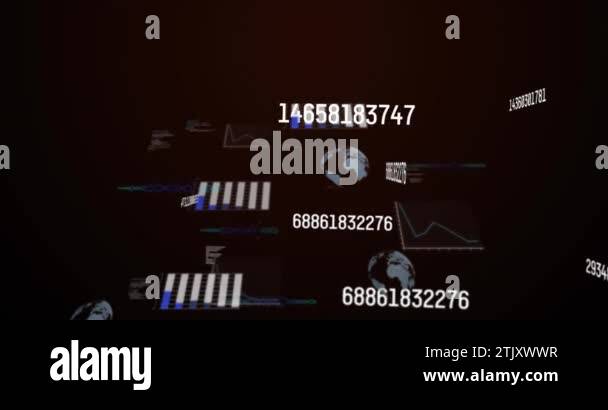 Animation of changing numbers and data processing against black background. Computer interface ...