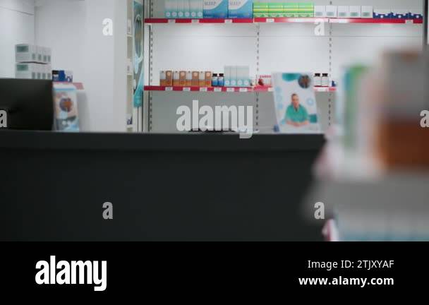 Empty pharmacy shop with boxes and packages on medicaments, retail ...