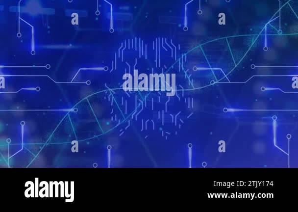 Animation of dna helix over circuit board pattern, digital brains and dna helixes on blue ...