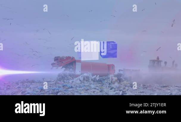 Animation of cube pattern and lens flare over garbage spilling out of ...