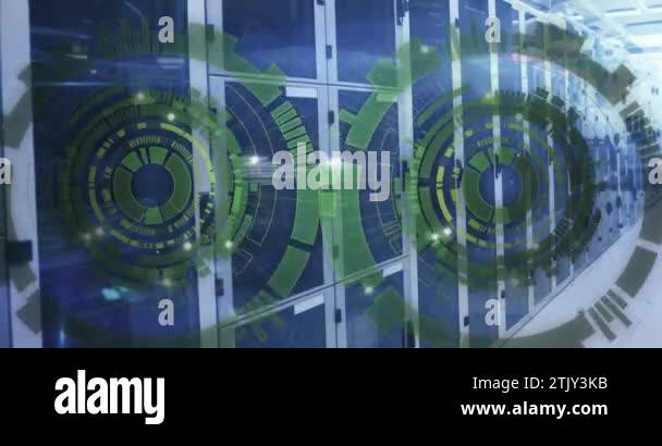 Animation of loading circles over computer language against server room in background. Digital ...