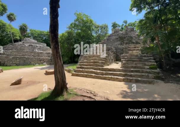 Pyramids of the Mayan ruins in the tropical jungle of Xcaret park in ...