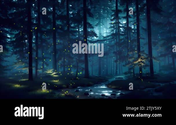 Supernatural fairy firefly lights soaring over small forest creek among ...