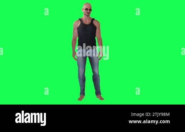 Man with athletic body in green screen with sunglasses and black swing ...