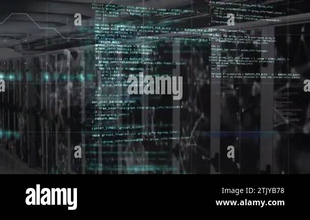 Animation of computer language over connected dots against server room in background. Digital ...